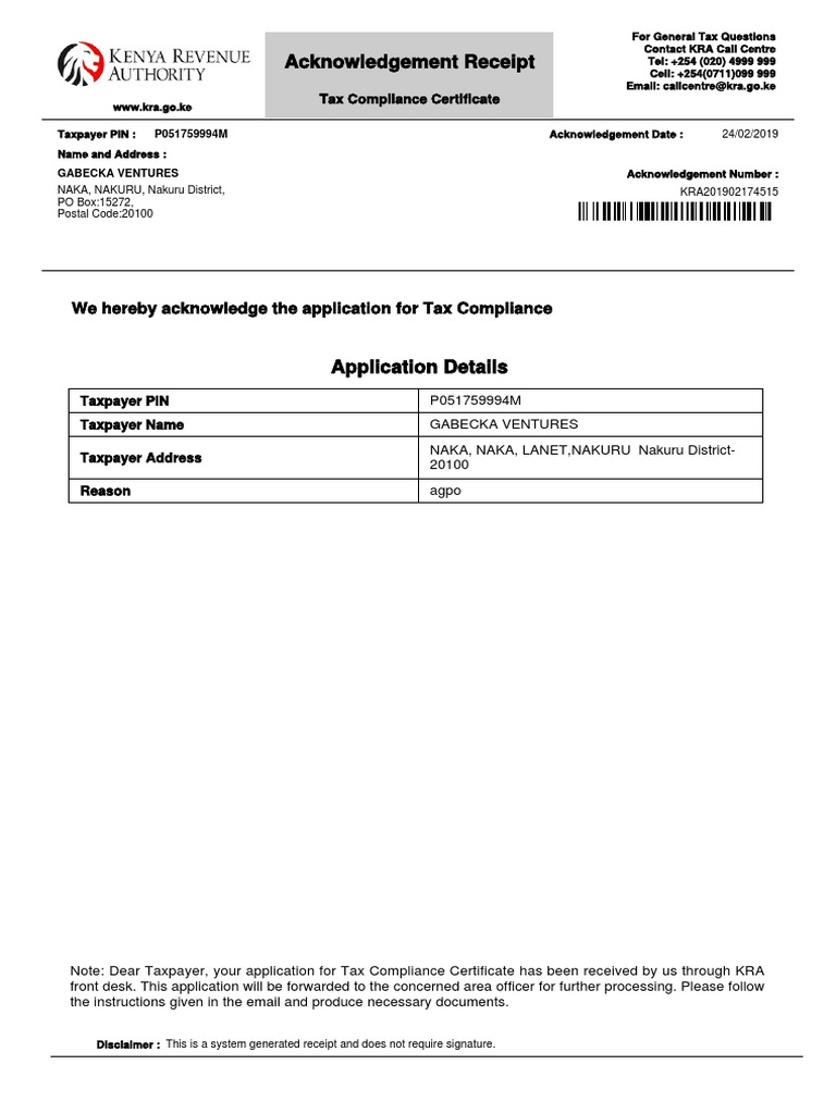 Tax Compliance Acknowledgement Receipt | PDF