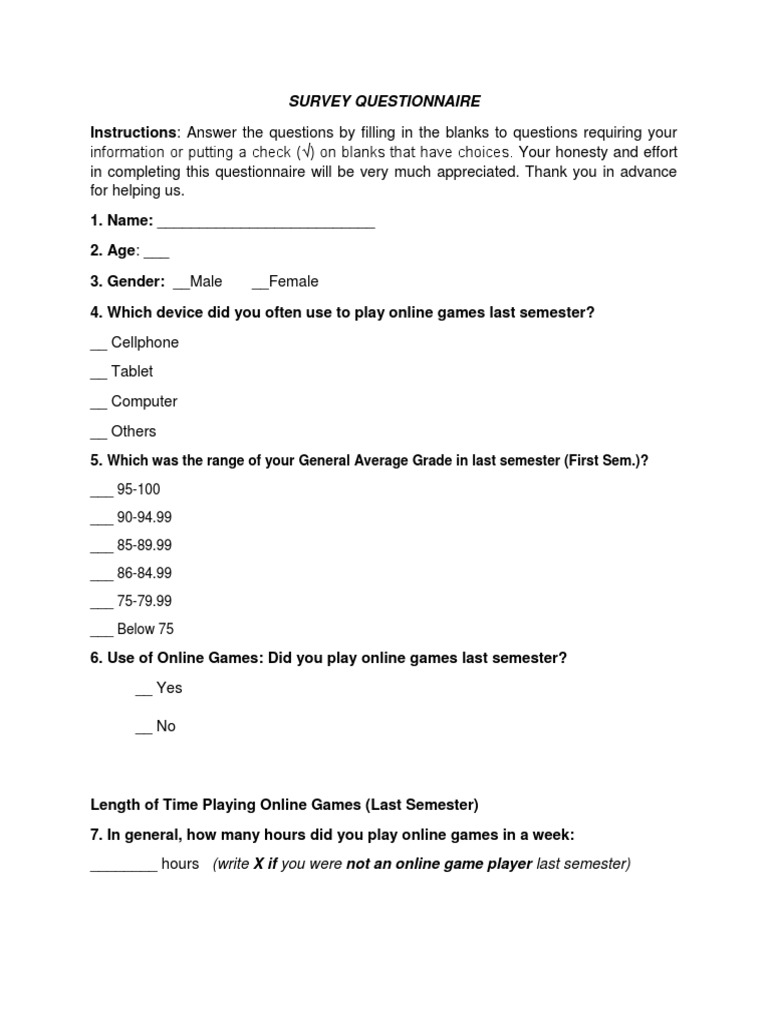 Survey Questionnaire: Which Was The Range of Your General Average Grade ...