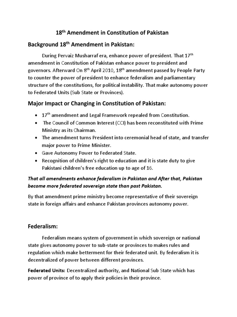 18th Amendment in Constitution of Pakistan | PDF | Pakistan | Federalism