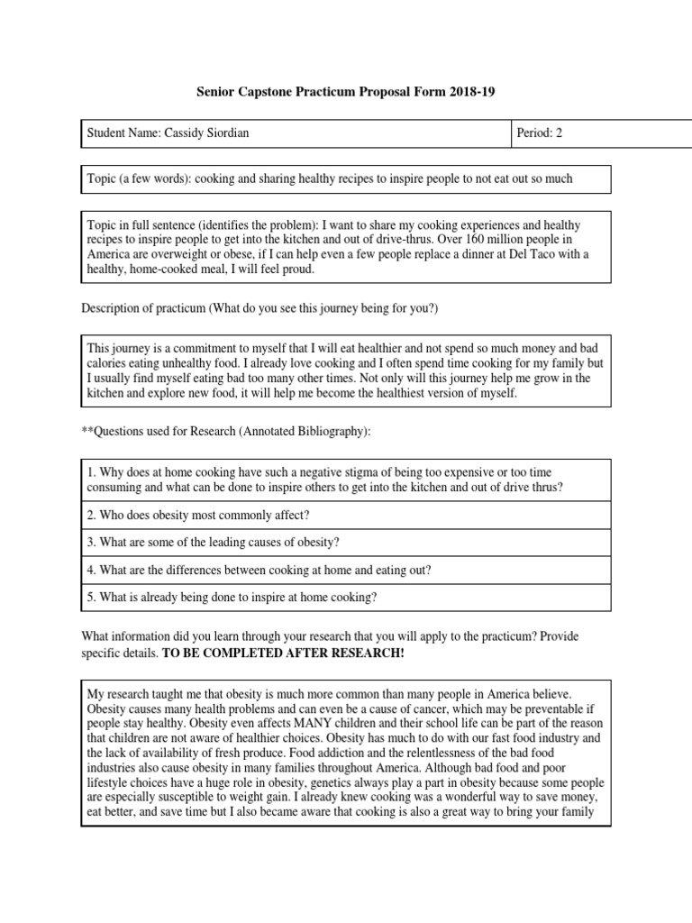 Senior Capstone Practicum Proposal Form 2018-19 | PDF | Obesity | Foods
