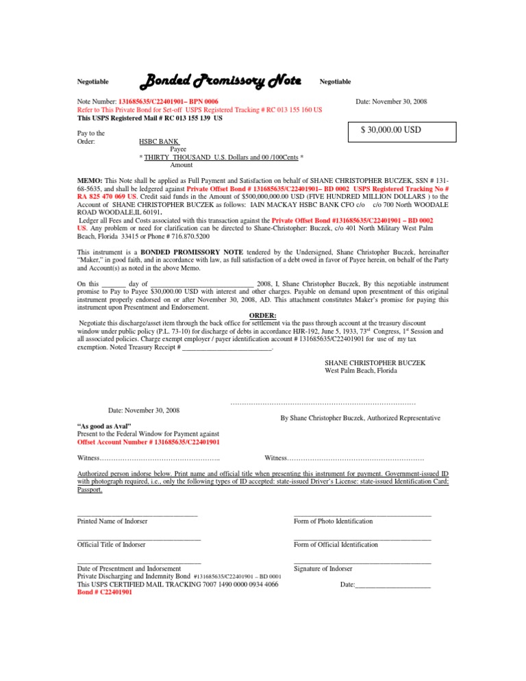 Buczek 20081130 Bonded Promissory Note HSBC & BESTBUY | PDF | Identity ...