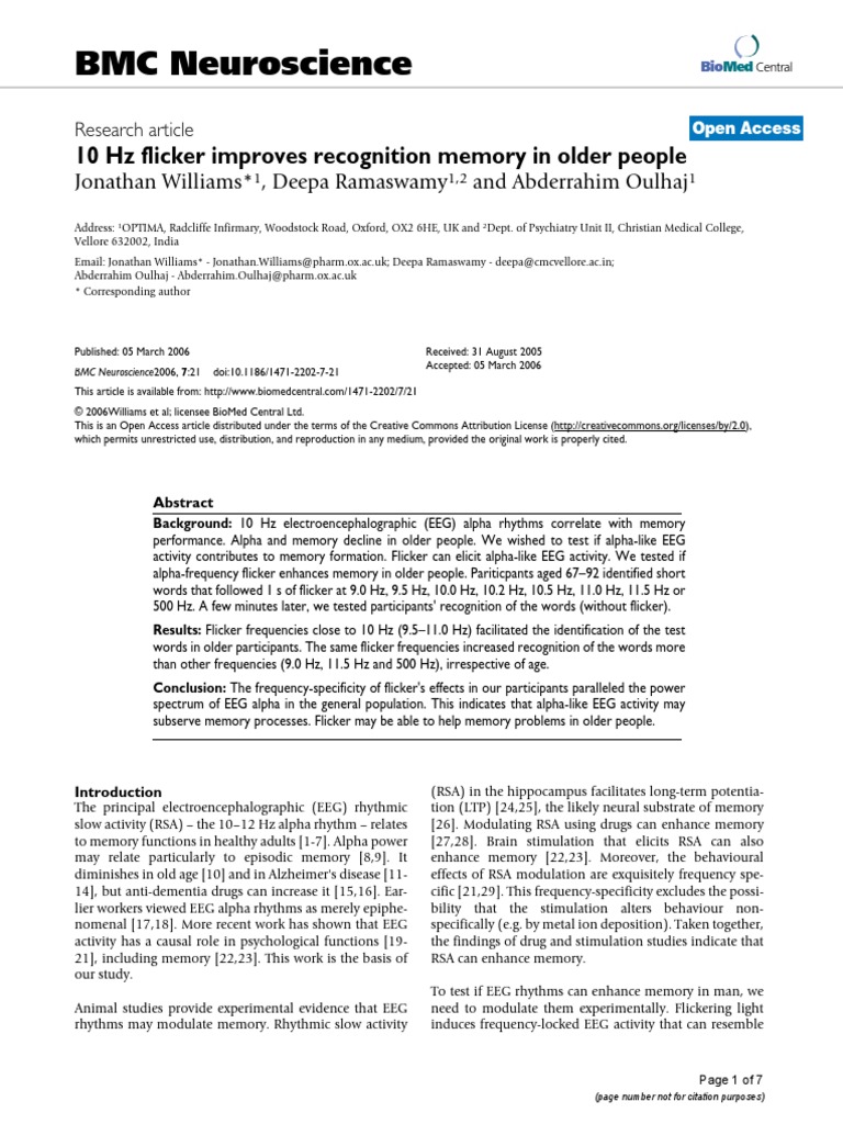 BMC Neuroscience: 10 HZ Flicker Improves Recognition Memory in Older ...