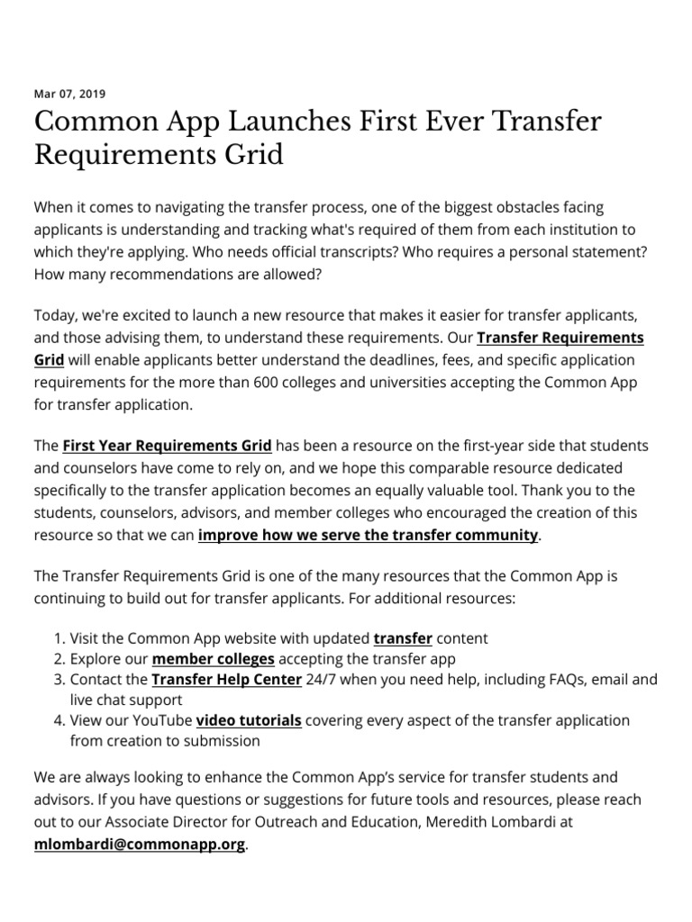 Common App Launches First Ever Transfer Requirements Grid The Common ...