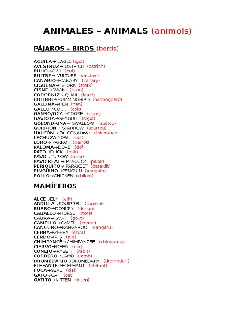Spanish Animal Vocabulary Guide | PDF | Dinosaurs | Paravians