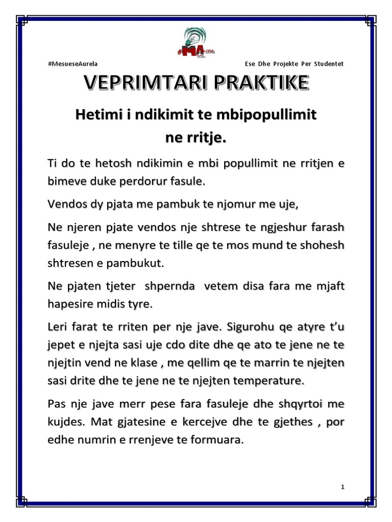 Veprimtari Praktike: "Hetimi I Ndikimit Te Mbipopullimit Ne Rritje." | PDF
