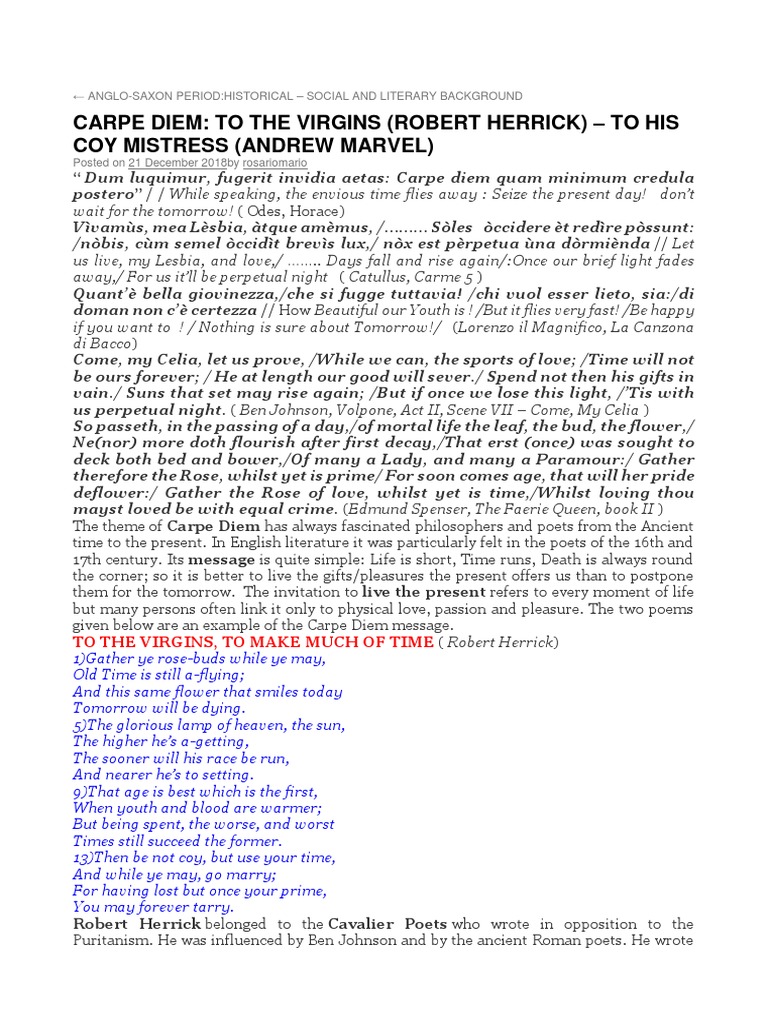 Carpe Diem: To The Virgins (Robert Herrick) - To His Coy Mistress ...