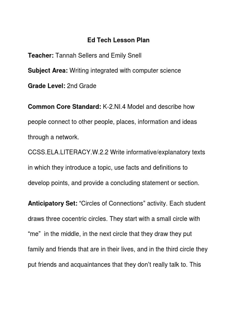Ed Tech Lesson Plan Teacher: Tannah Sellers and Emily Snell Subject ...