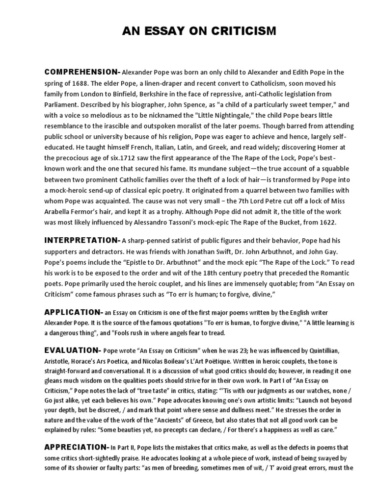 An Essay On Criticism | PDF | Alexander Pope | Poetry