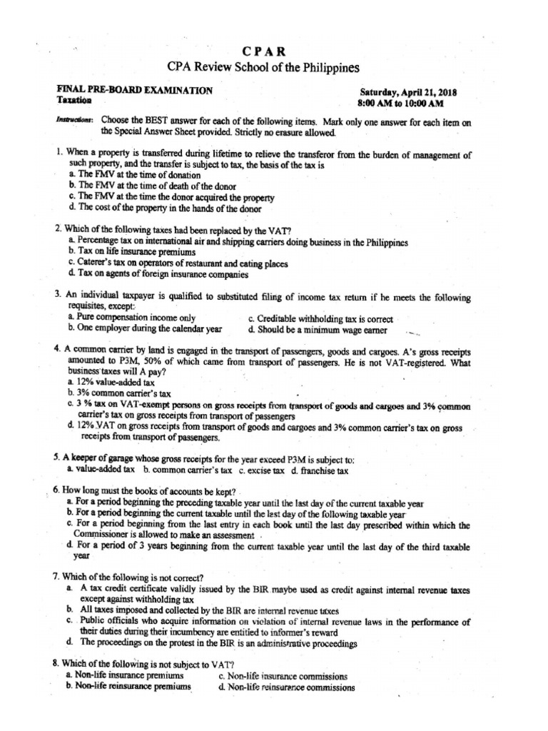 Cpar Tax 1 Final Preboard May 2018 | PDF