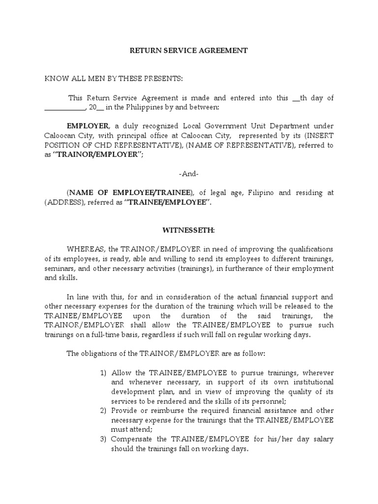 Return Service Agreement | PDF | Private Law | Employment