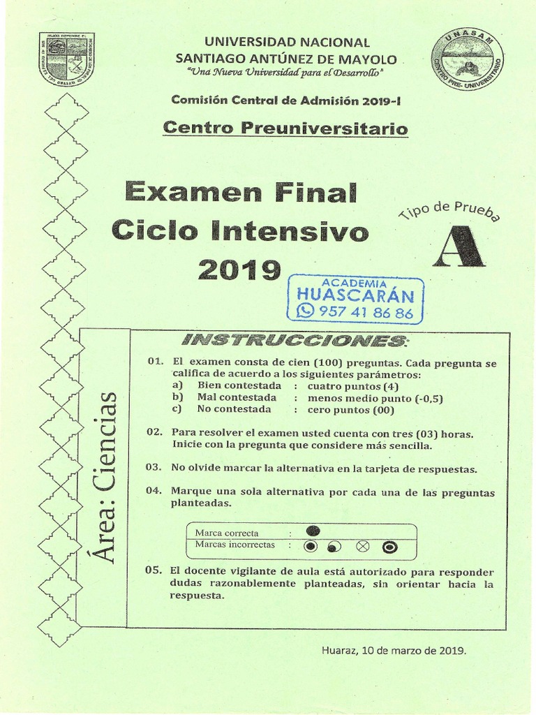 Cpu Ex Final Intensivo 2019 - Ciencias - Academia Huascarán PDF | PDF