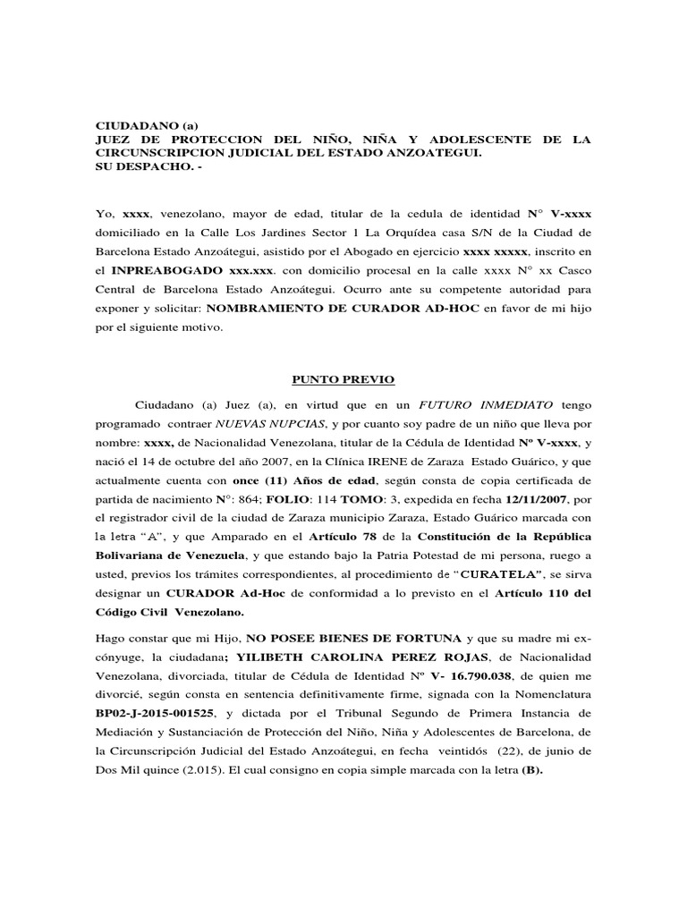 Escrito Para Solicitud de Curatela en Venezuela Modelo | Estado de los ...