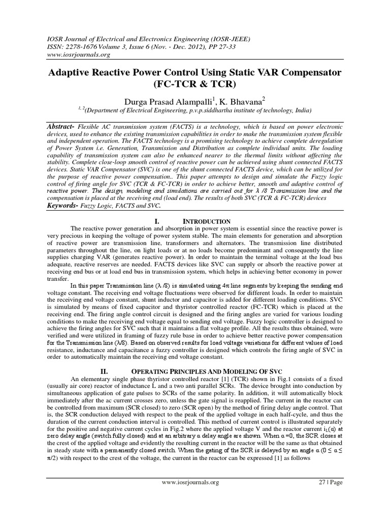 Adaptive Reactive Power Control Using Static VAR Compensator (FC-TCR & TCR) | Download Free PDF ...