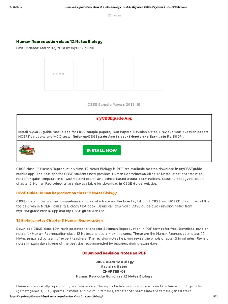 Human Reproduction Class 12 Notes Biology - MyCBSEguide - CBSE Papers ...