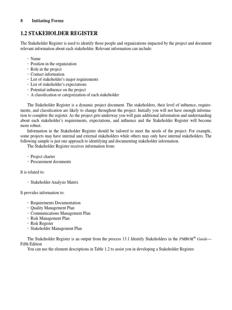 1.2 Stakeholder Register: 8 Initiating Forms | PDF | Stakeholder ...