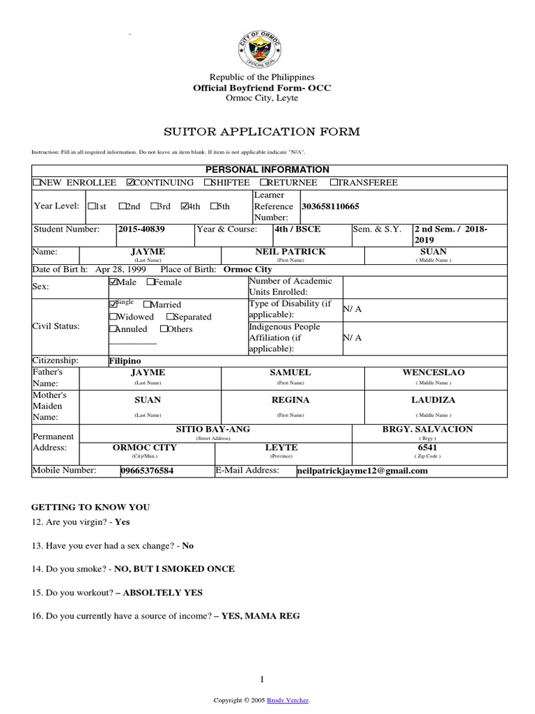 Suitor Application Form: Official Boyfriend Form-OCC | PDF