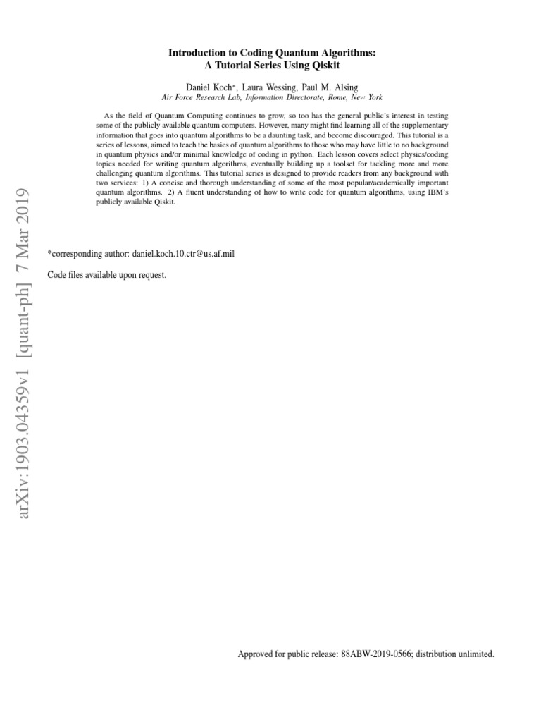 Introduction To Coding Quantum Algorithms A Tutorial Series Using Qiskit PDF | PDF | Quantum ...