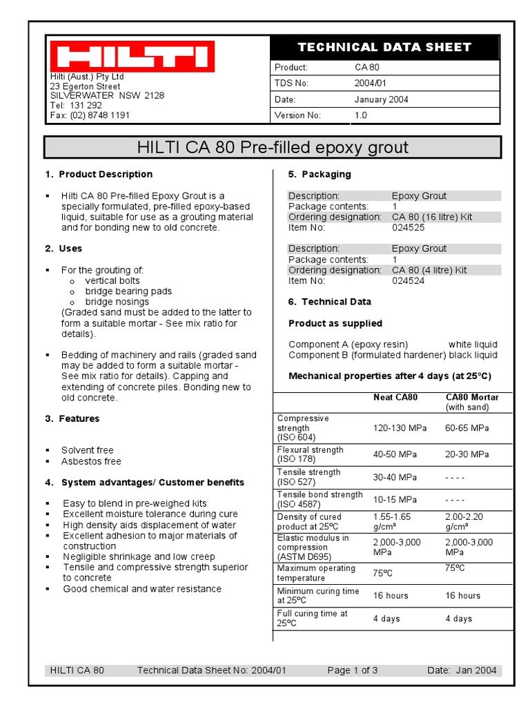 Hilti CA 80 Epoxy Grout (PDS) | PDF | Concrete | Chemical Substances