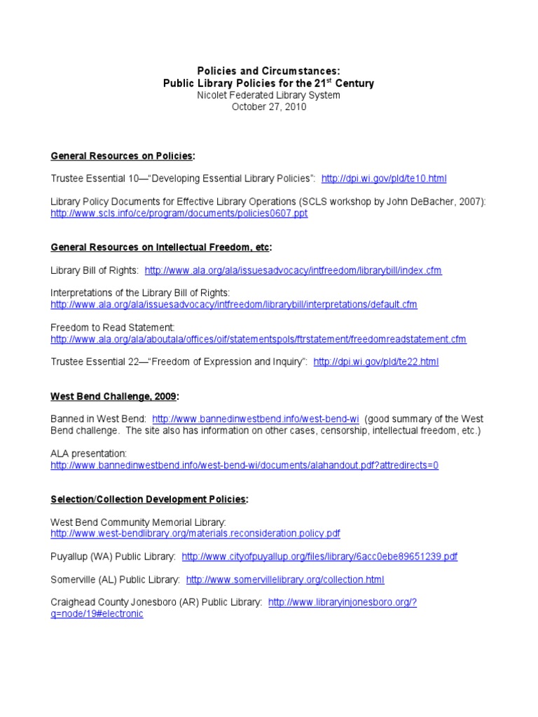 Policies and Circumstances: Public Library Policies For The 21 Century ...
