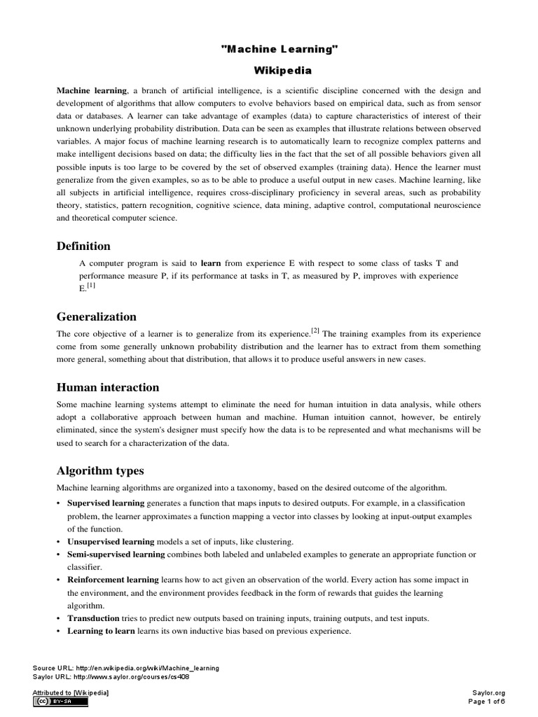 Wikipedia Machine Learning | PDF | Bayesian Network | Machine Learning