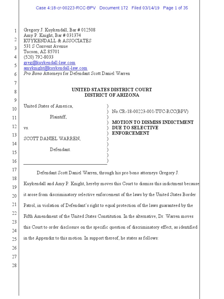 Dr. Scott Warren Motion To Dismiss Due To Selective Enforcement | PDF ...