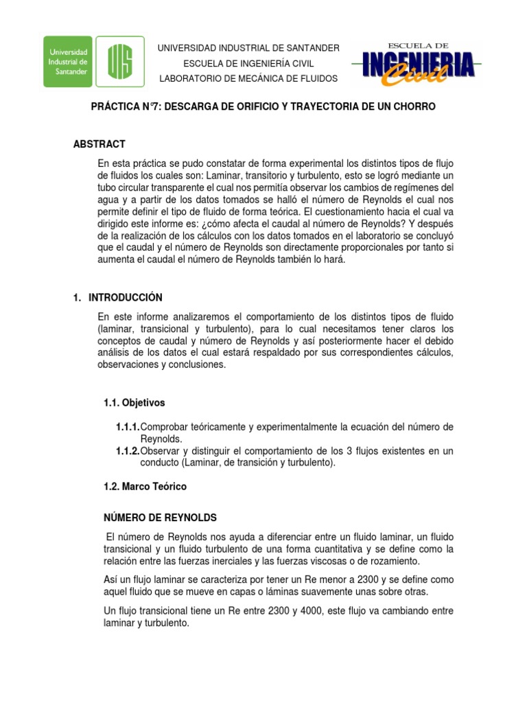 Descarga de Orificio y Trayectoria de Chorro | PDF | Numero Reynolds | Flujo laminar