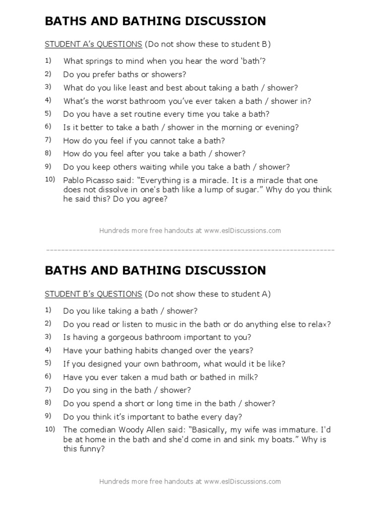 Bathing Discussion Questions for ESL | PDF | Career & Growth | Language ...