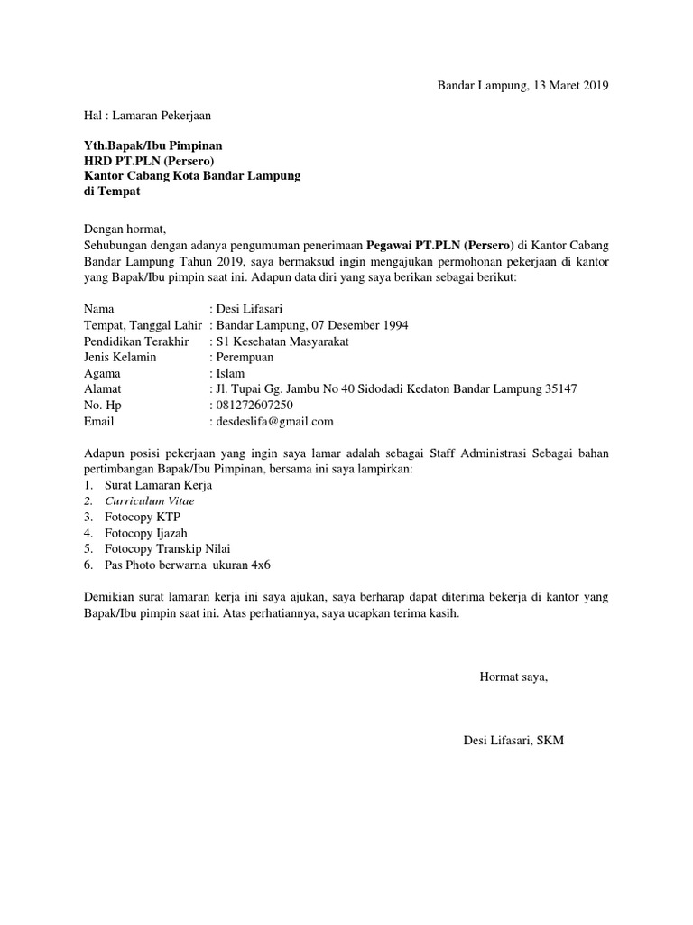 Surat Lamaran Kerja 2019 | PDF