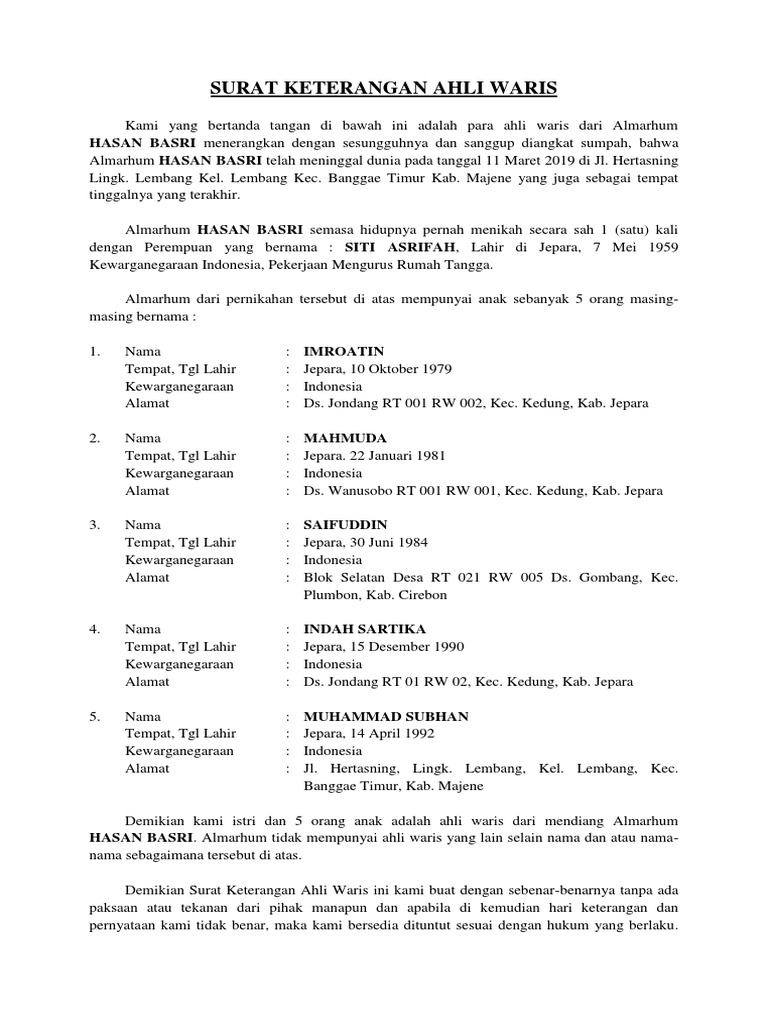 Contoh Surat Keterangan Ahli Waris | PDF