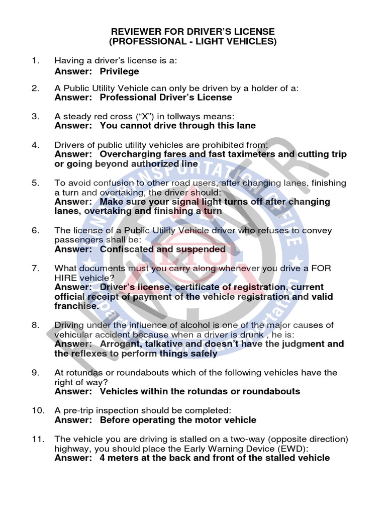 Questionnaires For PROFESSIONAL DRIVER'S LICENSE APPLICANTS (LIGHT ...