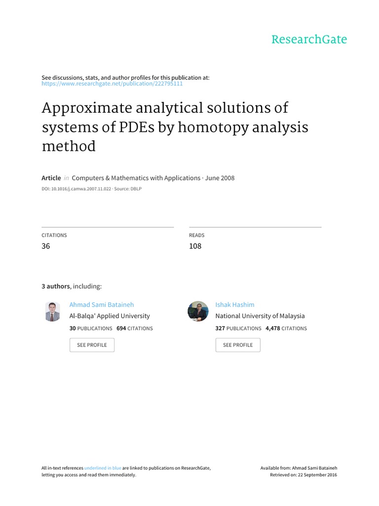 Approximate Analytical Solutions of Systems of Pdes by Homotopy Analysis Method | PDF | Partial ...