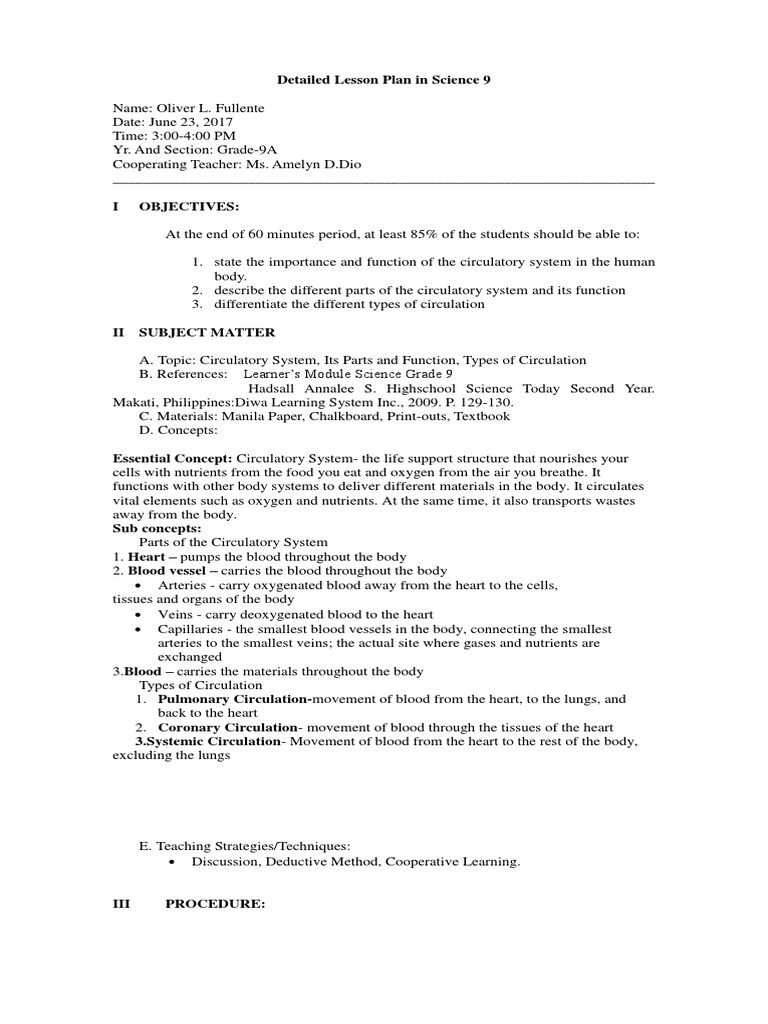 Lesson Plan Circulatory System | PDF | Circulatory System | Artery