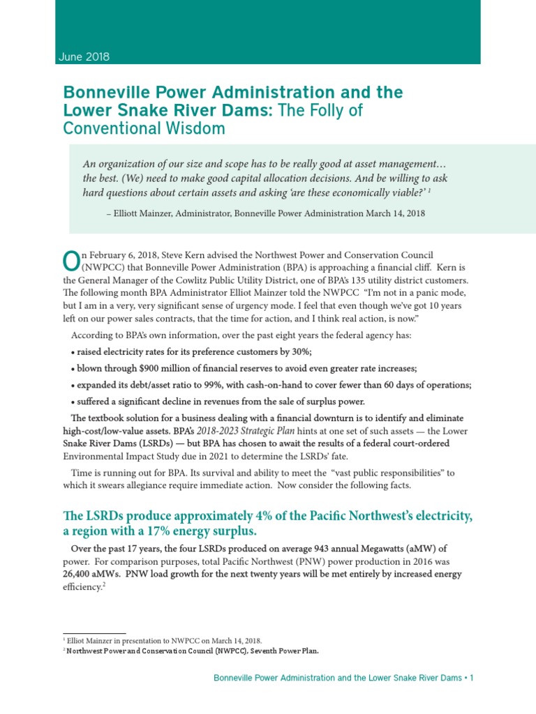 Bonneville Power Administration and The Lower Snake River Dams | PDF ...