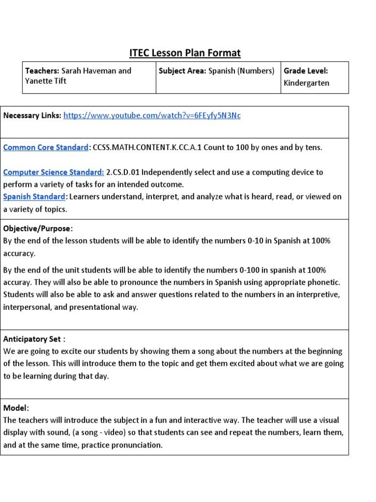 Weebly - Copy of Itec Lesson Plan Format-Kindergarten Spanish Lesson ...