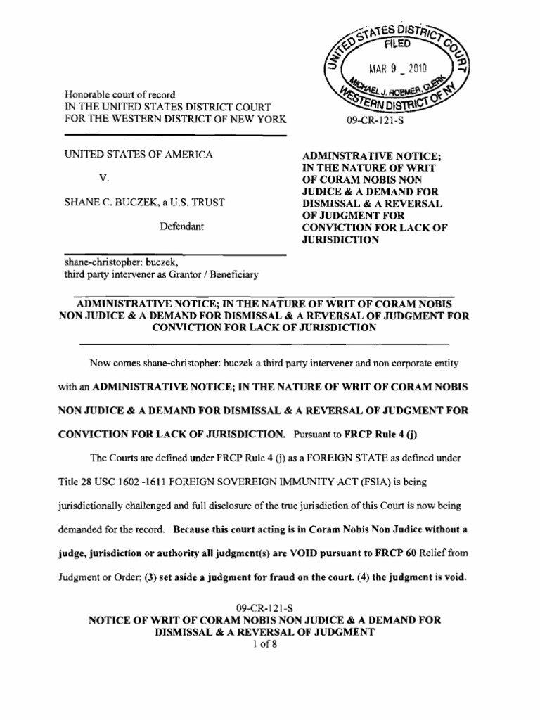 Buczek 20100309 Notice or Writ of Coram Nobis Non Jucice 121 | PDF ...