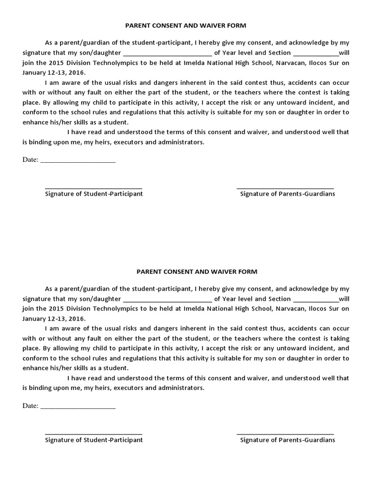 Parent Consent and Waiver Form | PDF | Consent | Social Institutions