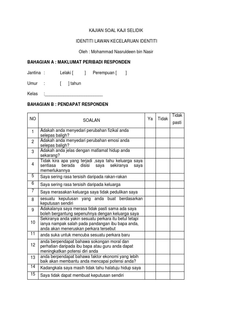 Kajian Soal Kaji Selidik Identiti Lawan Kecelaruan Identiti | PDF