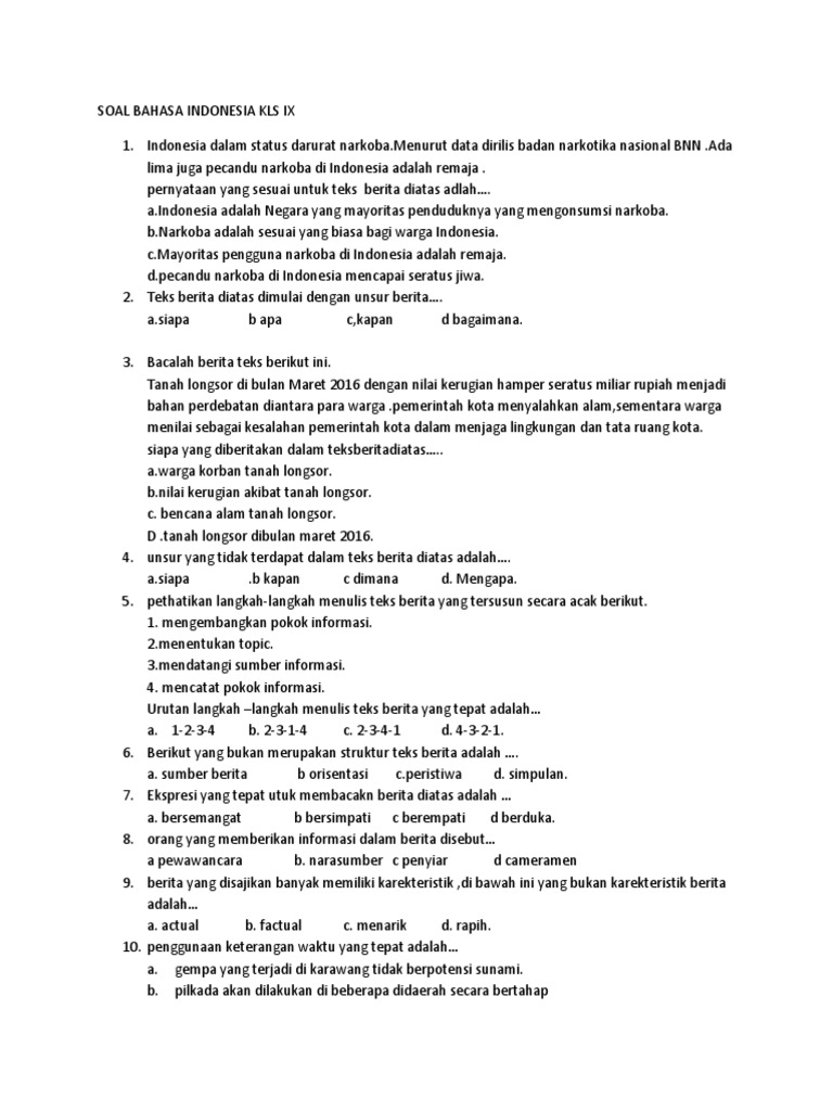 Soal Bahasa Indonesia KLS Ix | PDF