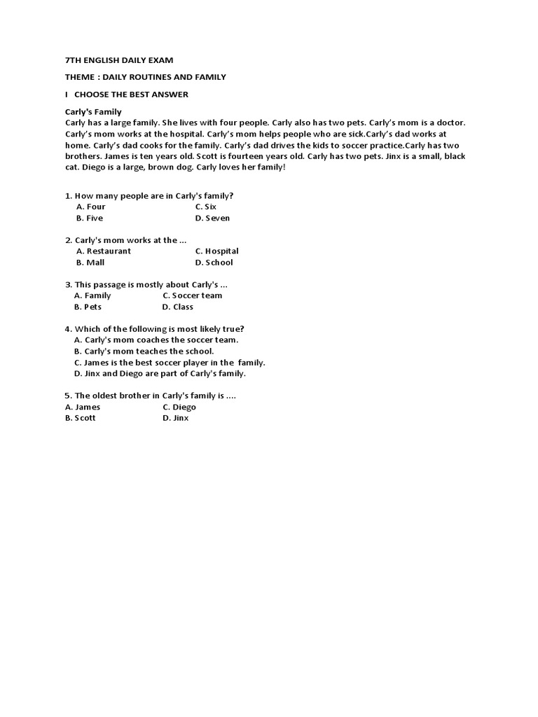 Family Routines in English Exam | PDF