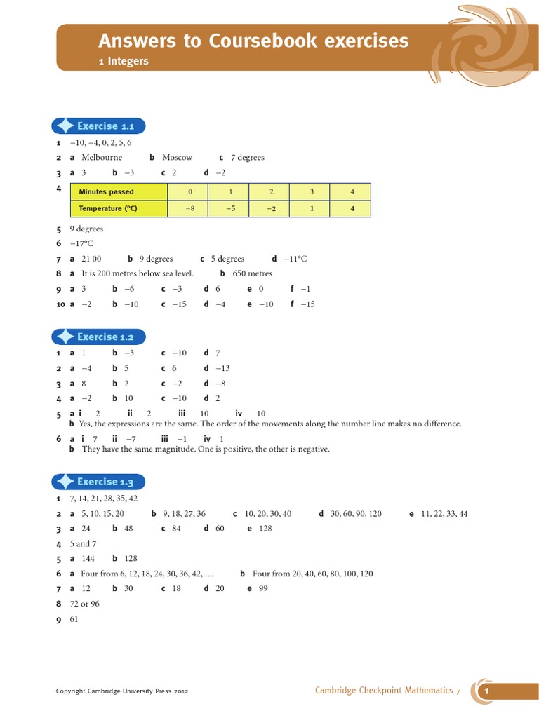 Answers To Coursebook Exercises: 1 Integers | Download Free PDF ...