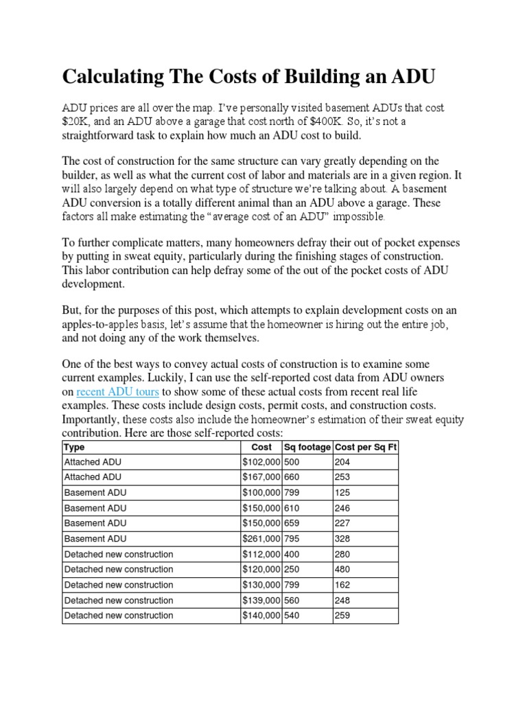 Calculating The Costs of Building An ADU 2019 | PDF | Garage ...