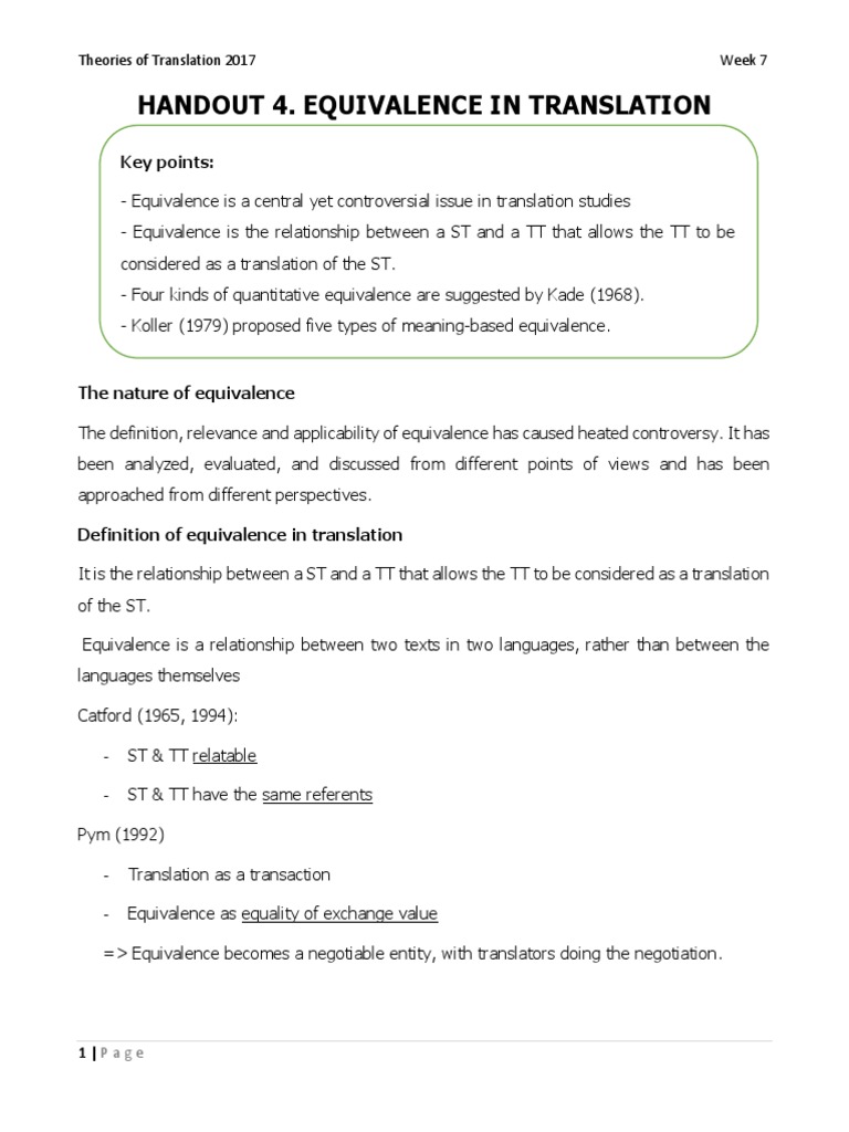 Handout 4. Equivalence in Translation: Key Points | PDF | Translations ...