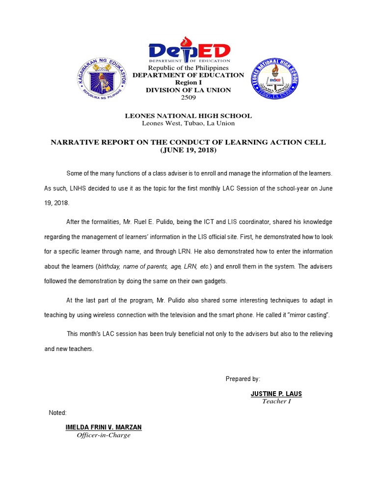 Narrative Report-1st Lac Session June LNHS 2018-2019 | PDF | Education ...