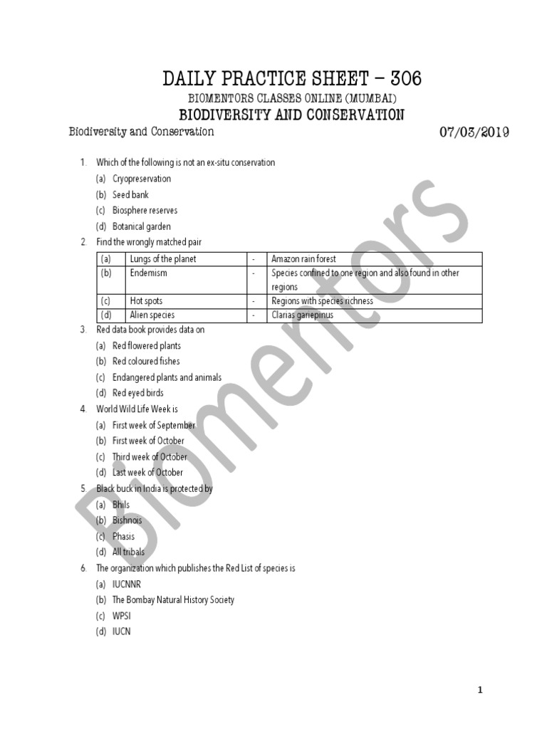 Biodiversity Practice Worksheet Answers | PDF | Biodiversity ...