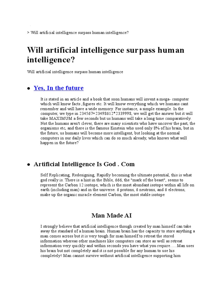 Will Artificial Intelligence Surpass Human Intelligence?: Yes, in The Future | PDF | Artificial ...