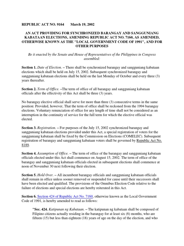 REPUBLIC ACT NO 9164 AN ACT PROVIDING FOR SYNCHRONIZED BARANGAY AND ...
