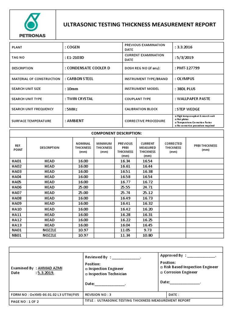 Ultrasonic Testing Thickness Measurement Report: Component Description ...