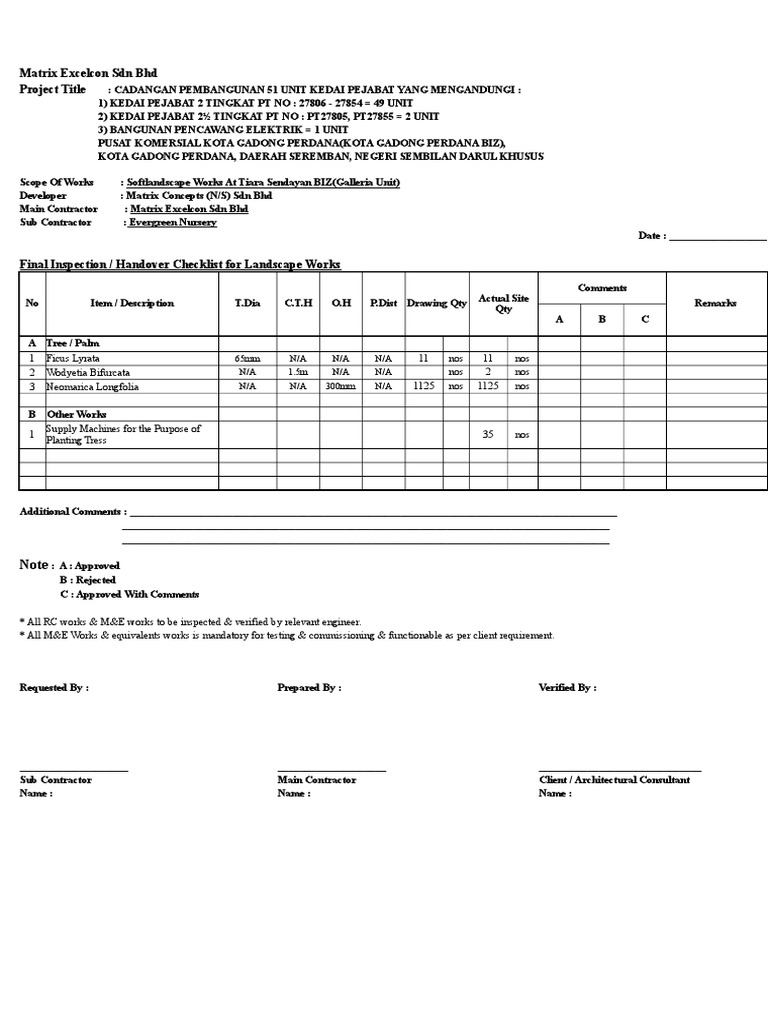 Tiara Sendayan Landscape Handover Checklist | PDF | Horticulture And ...
