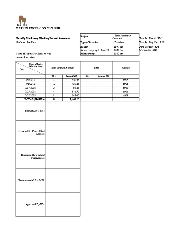 Monthly Machinery Working Record Statements for Matrix Excelcon Sdn Bhd ...