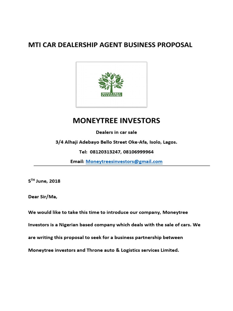 Mti Car Dealership Agent Business Proposal: Moneytree Investors | PDF